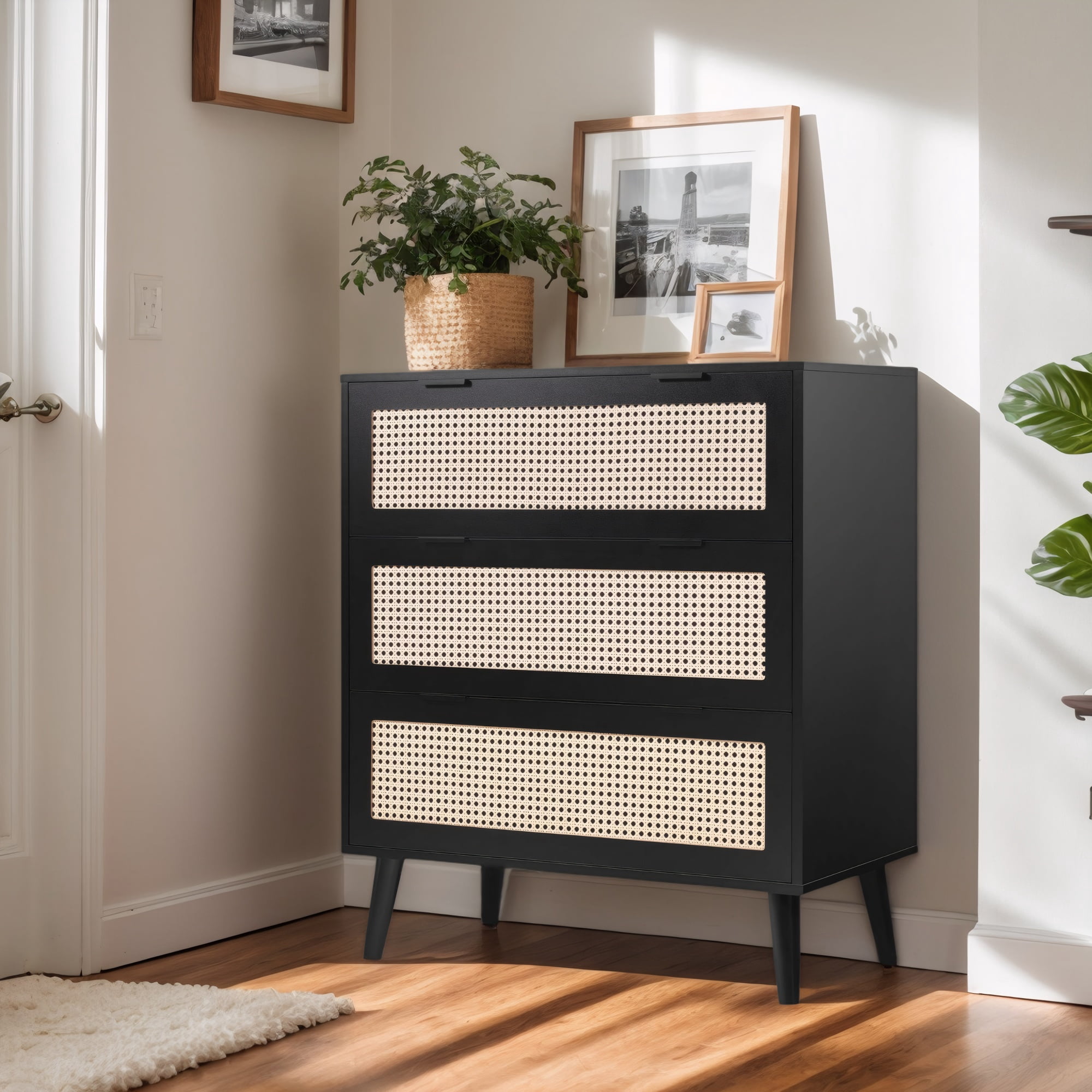 Segmart 3 Drawers Dresser for Bedroom, Modern Rattan Storage Chest of ...