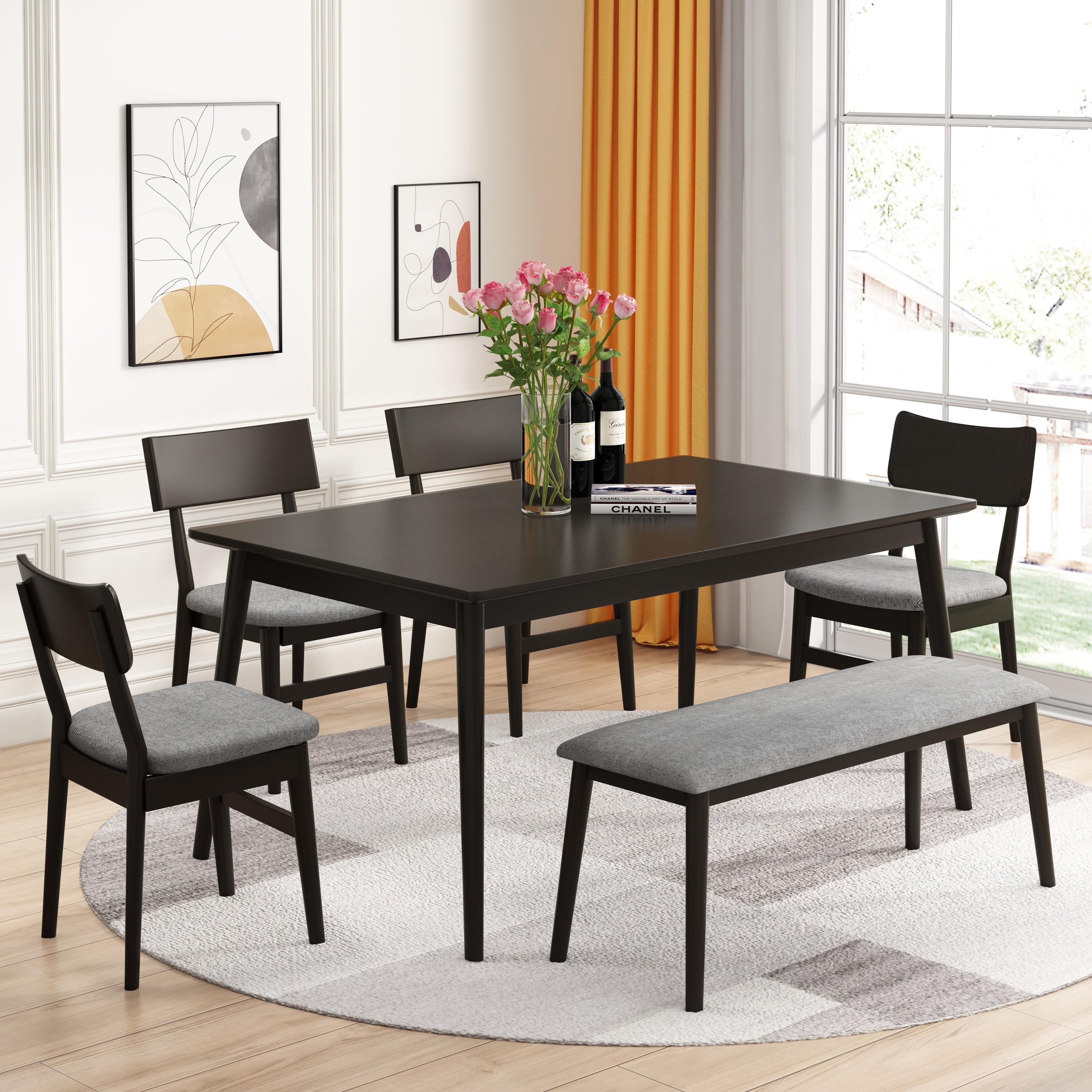 6-Piece Small Rectangular Dinette Set with Dining Seats, Wood Table, 4 ...