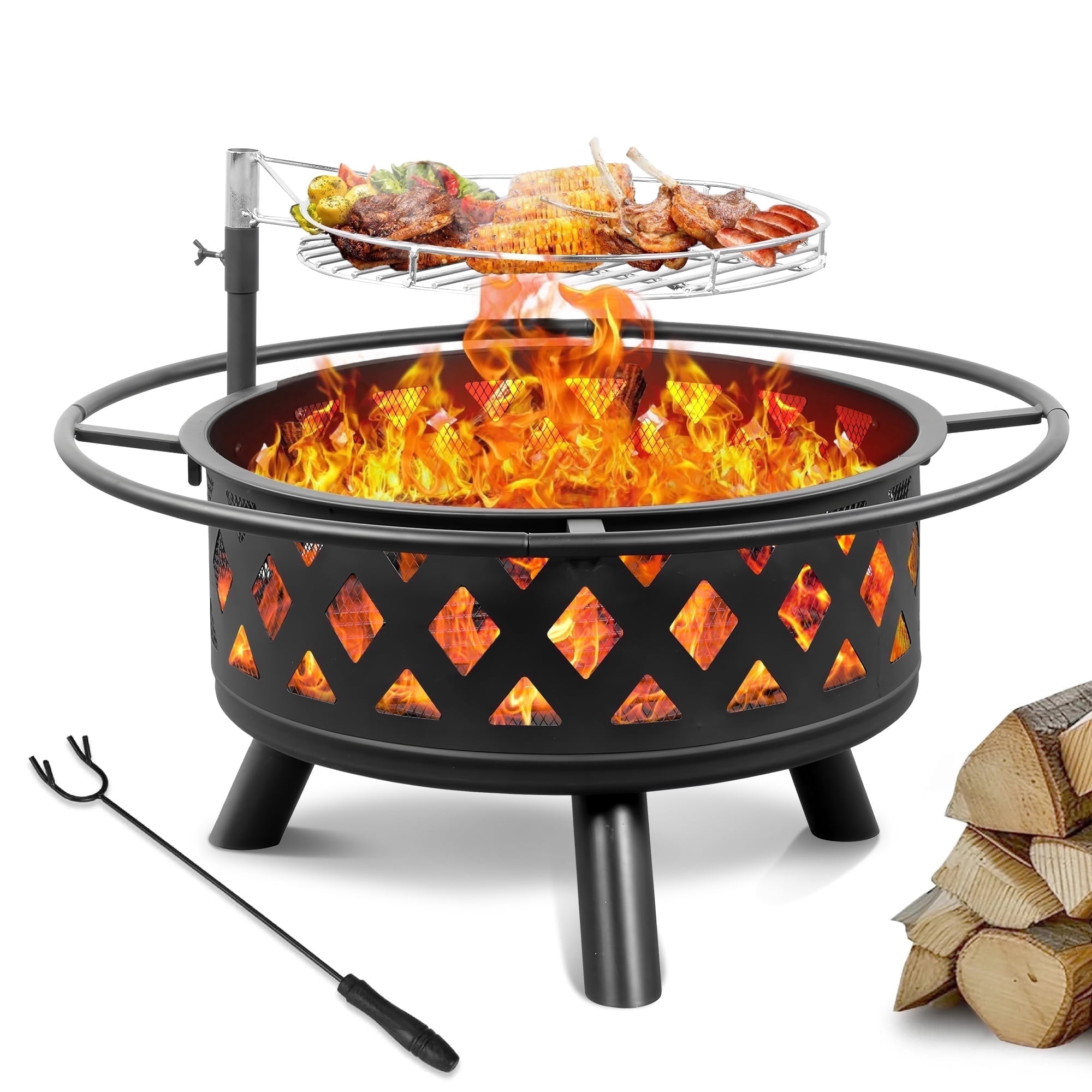 Segmart Fire Pit for Outside, 38'' Outdoor Wood Burning Fire Pit with ...