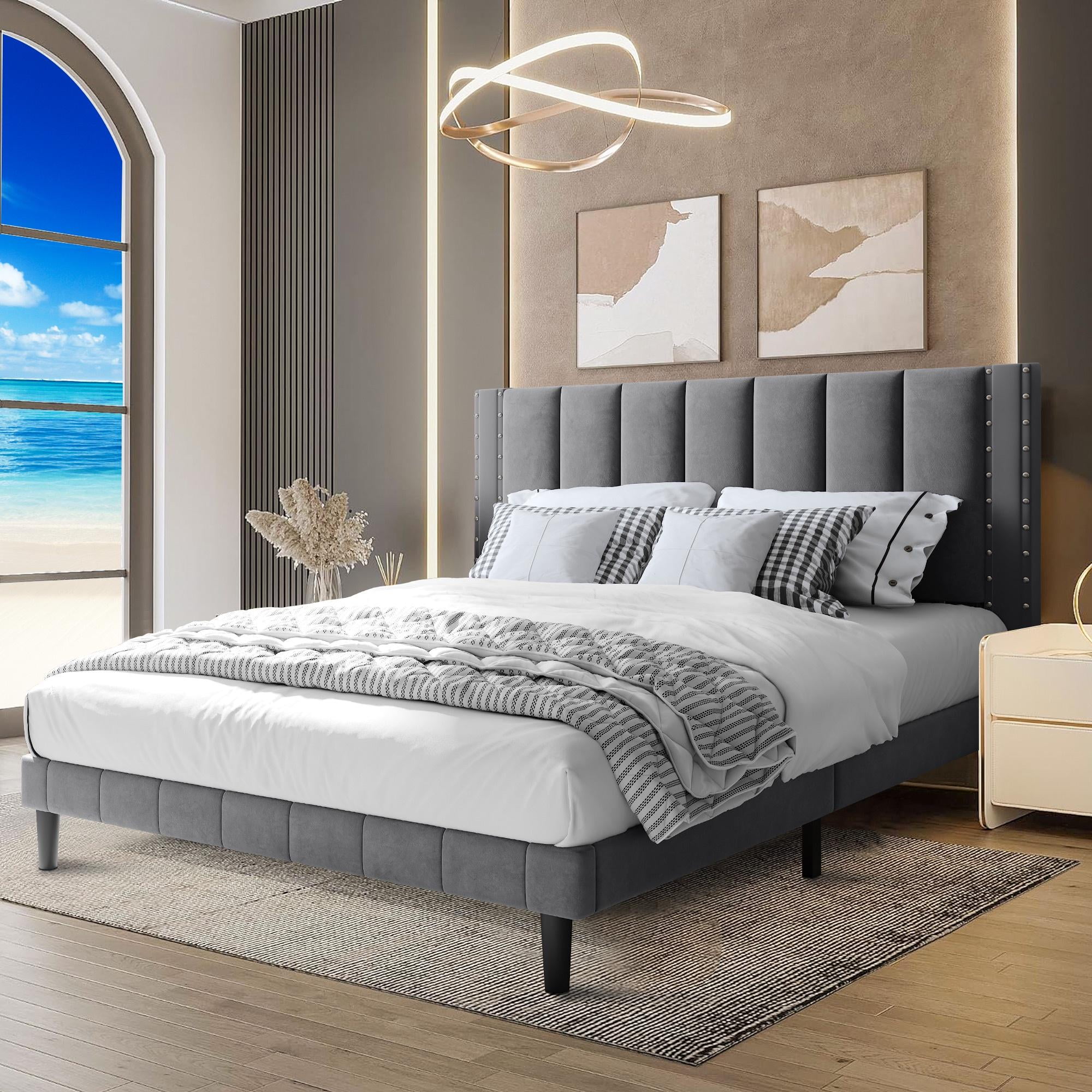 Segmart Full Size Velvet Upholstered Bed Frame with Rivets Headboard ...