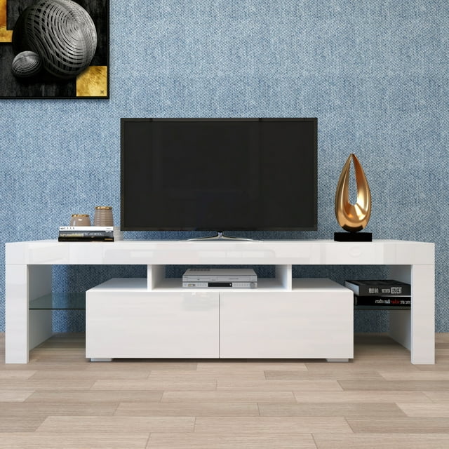 Segmart High Gloss TV Stand for 70 inch TV, Modern White LED TV Stand ...