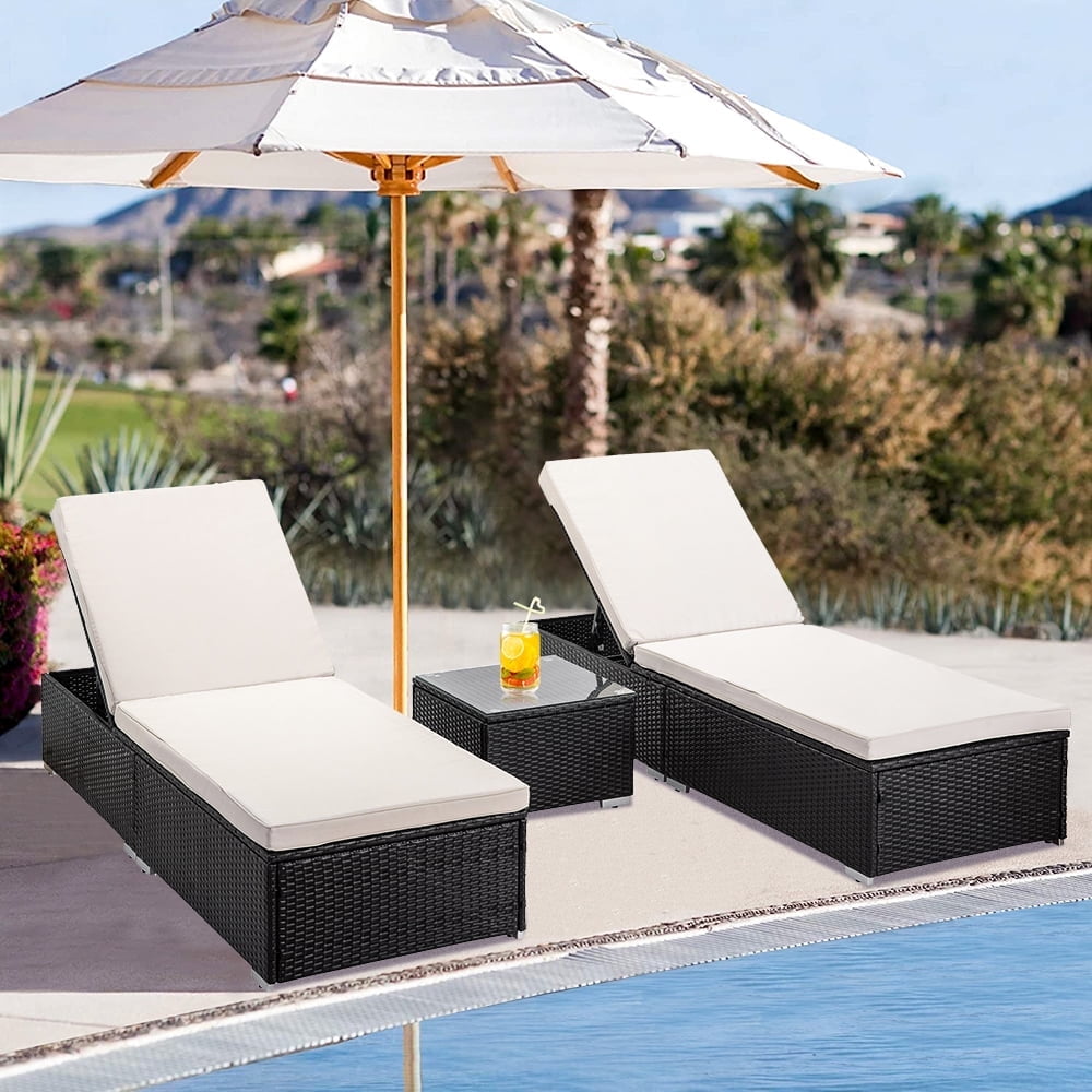 Segmart 3-Piece Patio Set: Adjustable Wicker Chaise Lounge Chairs with Cushions and Table ...
