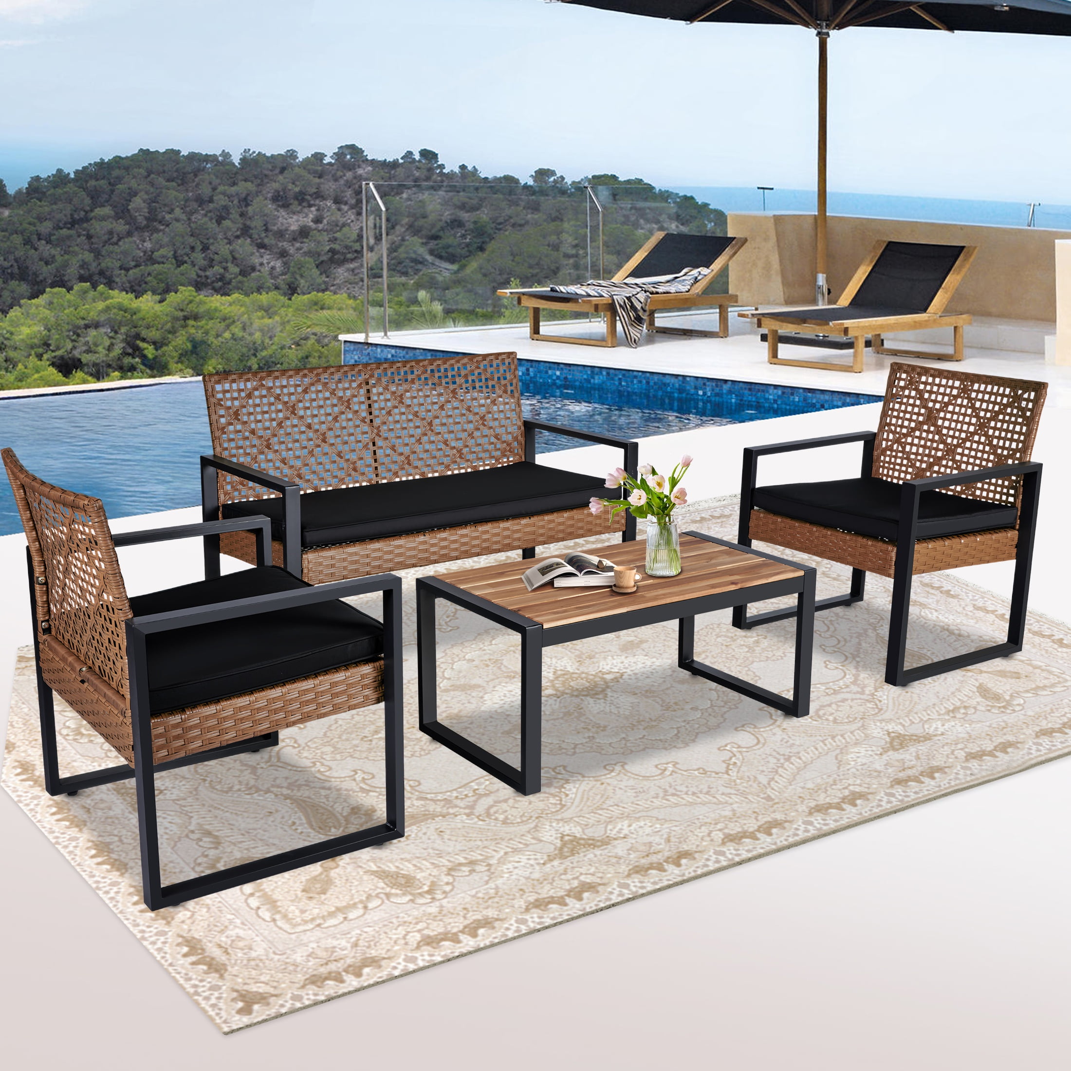 Segmart Patio Furniture Set, 4-Piece Rattan Wicker Chairs with Acacia ...