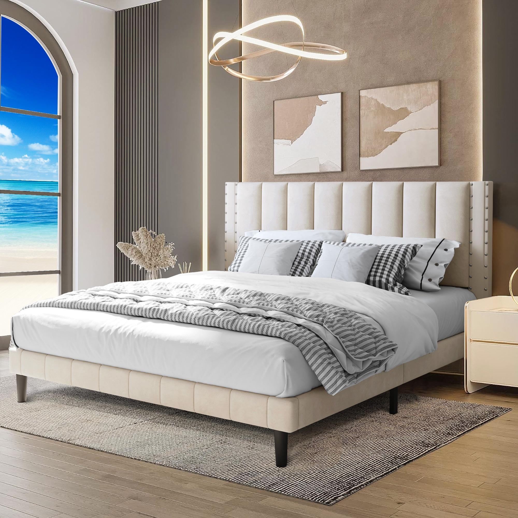 Segmart Velvet Upholstered Queen Bed, Adjustable Backboard, Wooden ...