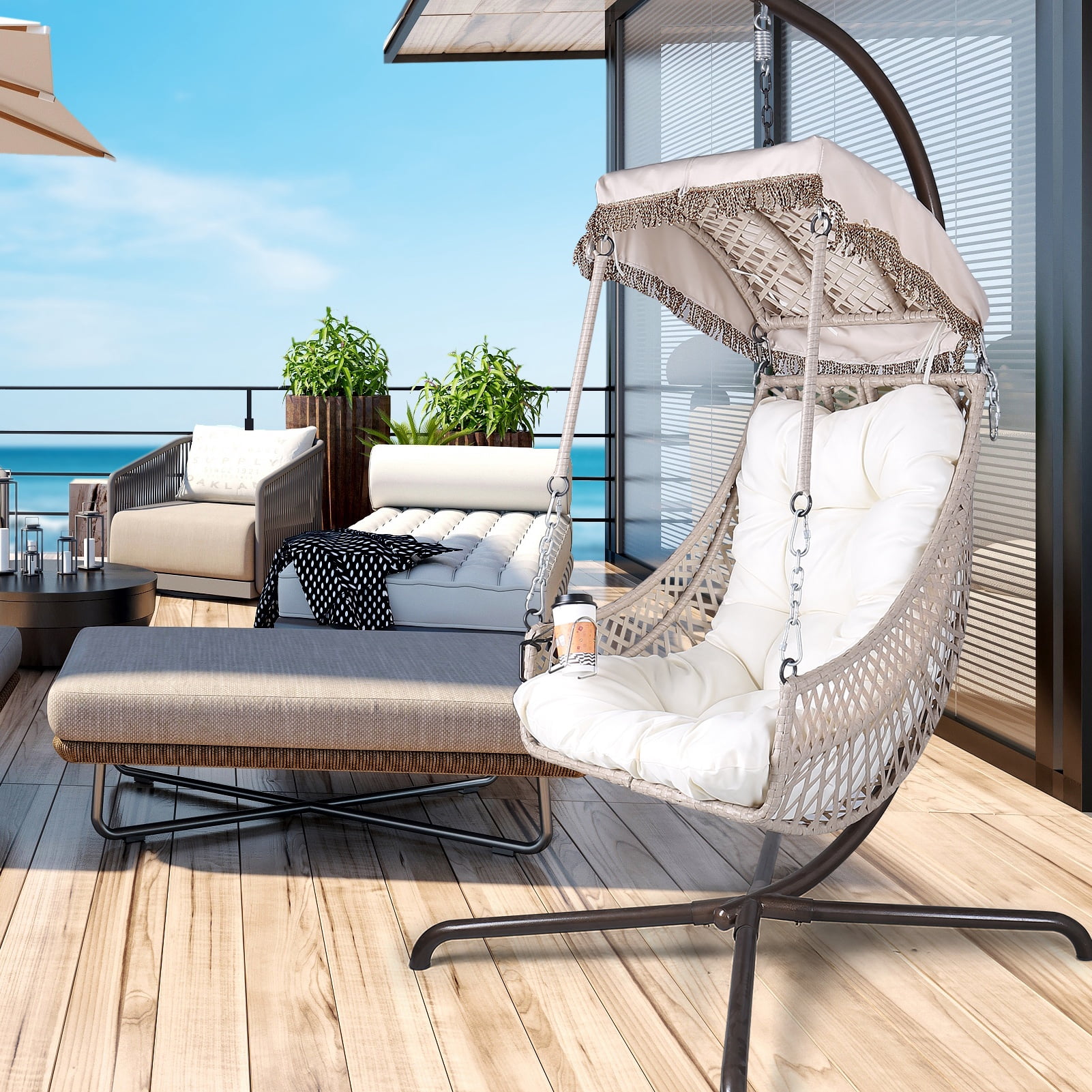 Segmart Swing Egg Chair with Stand Indoor Outdoor, Wicker Rattan Frame ...