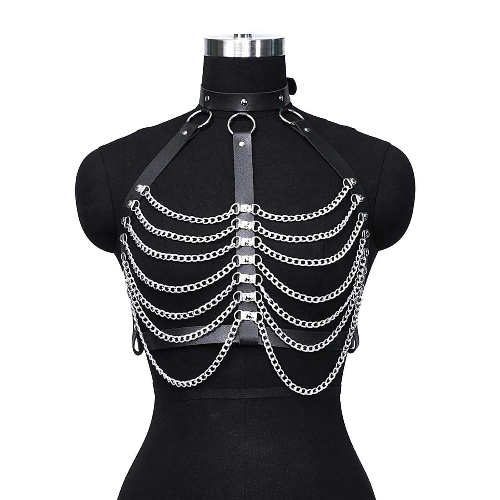 Segolike Punk Layered Body Chain Black PU Leather Chest Chain Shoulder ...
