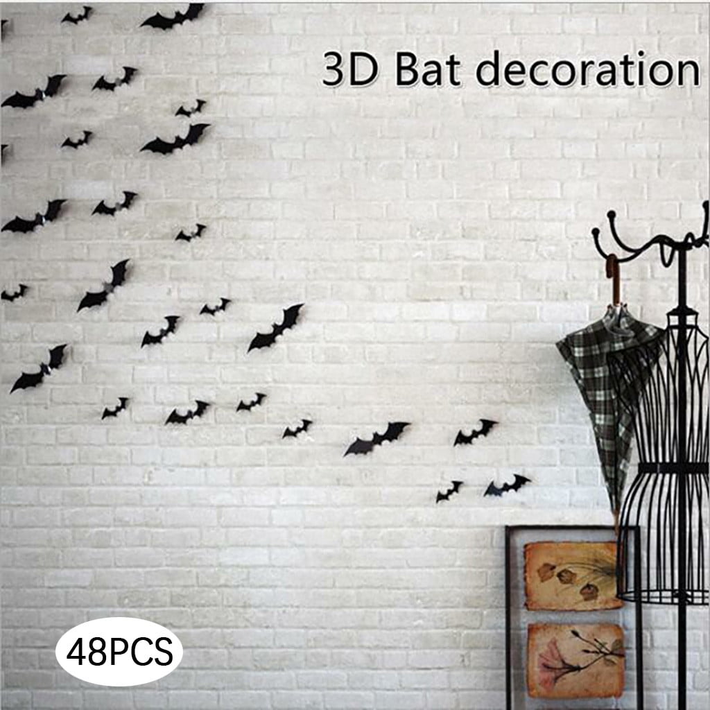 Segrcwoh Spooky Halloween Decor: 48 Pcs 3D Bat Stickers in 4 Sizes ...
