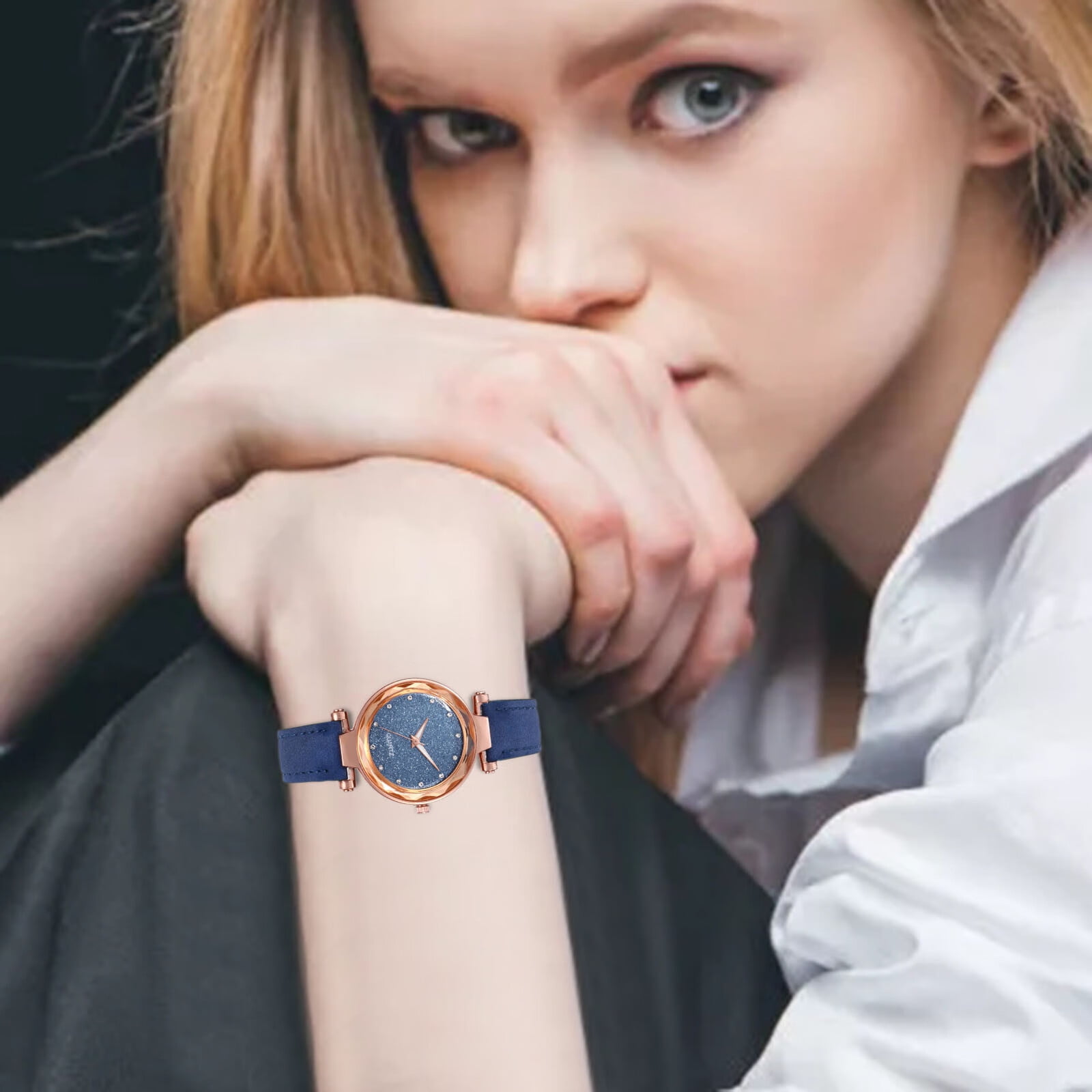 Sehao Starry-Sky Watch Frosted Belt Silver Pink Diamond Face Ladies ...