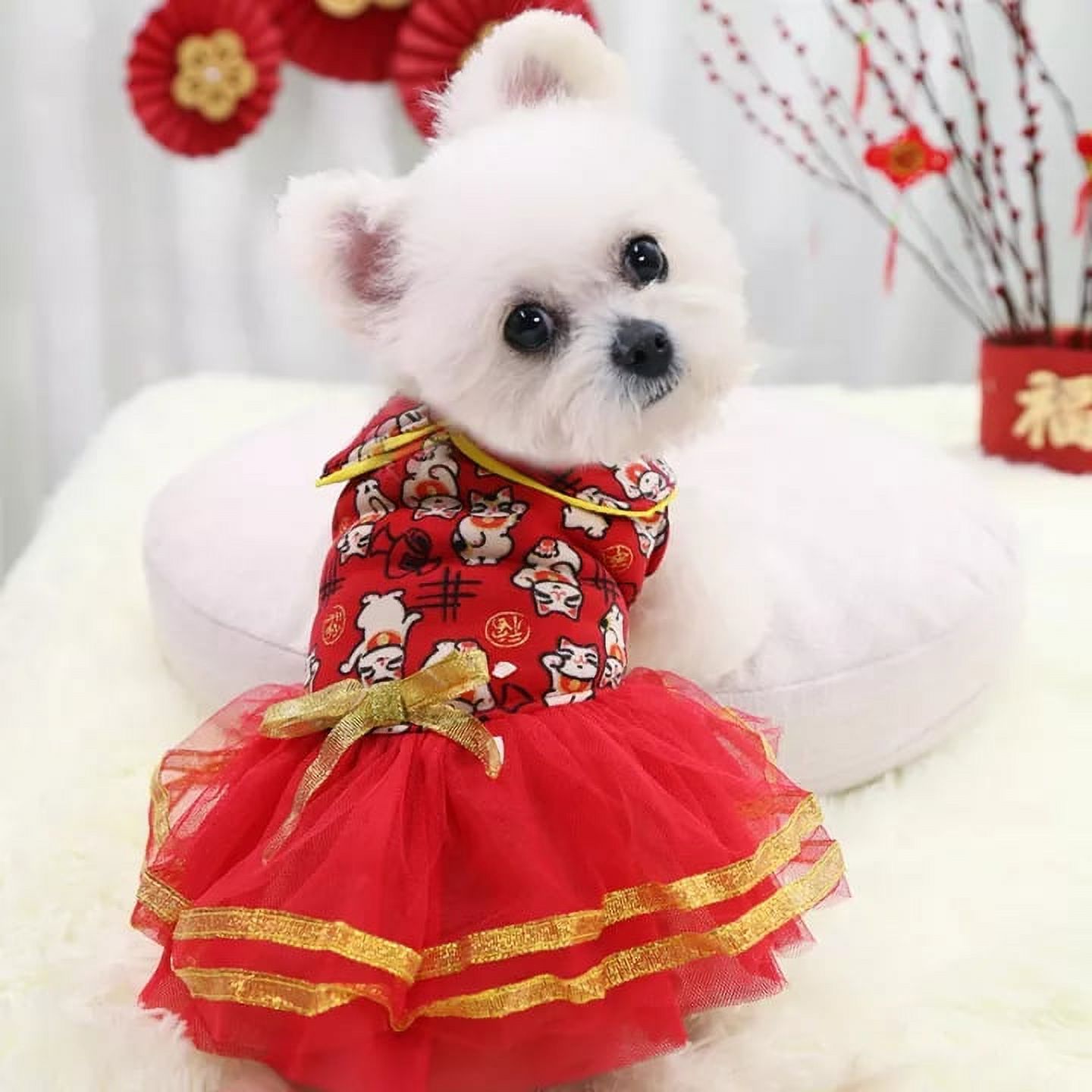 SeiS New Year Dog Fortune Cat Lace Dress Winter Princess Pet Skirt ...