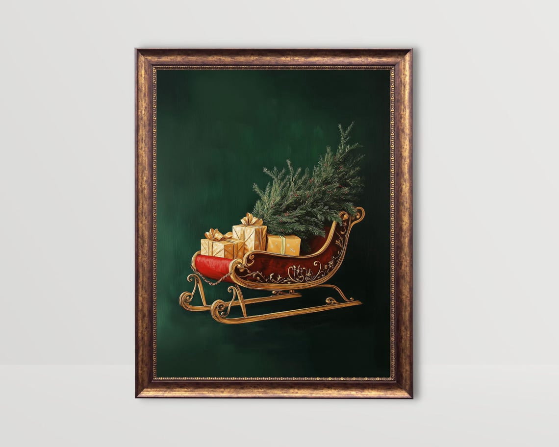 Seigh, Dark Green Wall Art Moody Winter Poster Vintage Sled Sleig ...