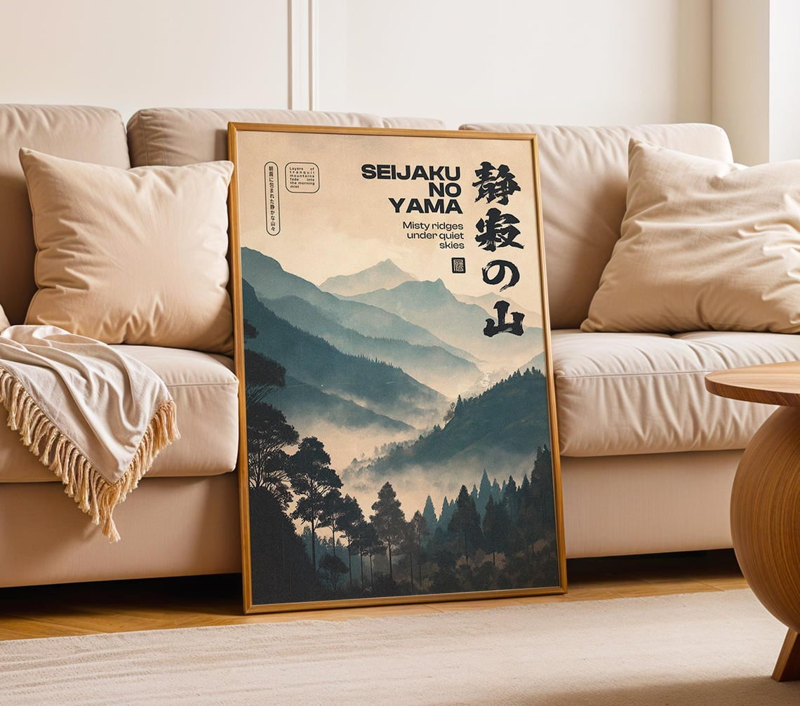 Seijaku Japanese Wall Art, Print Of Misty Japanese Mountains With Kanji ...
