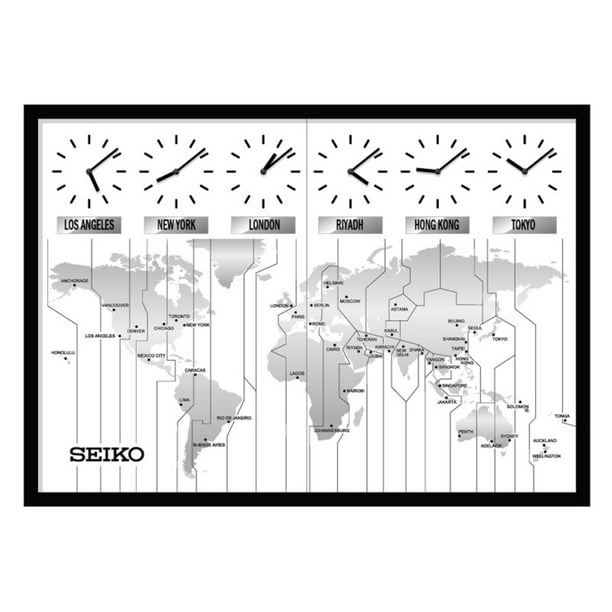 Seiko 24 World's View Wall Map with 6 Time Zone Clock, Traditional ...