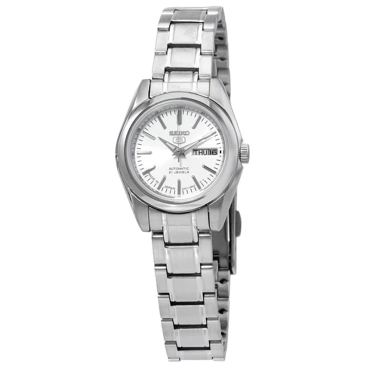 Seiko 5 Auto Silver Dial Ladies Watch, Luminous Hands, Steel Band ...