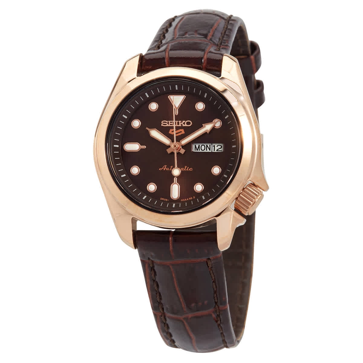 Seiko 5 Sports Women's Watch, Rose Gold-tone, Brown Leather Band, 100M ...