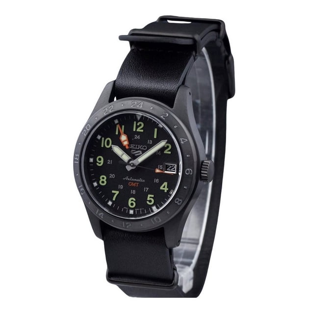 Seiko 5 Sports GMT Field Series Leather Strap Black Dial Automatic ...