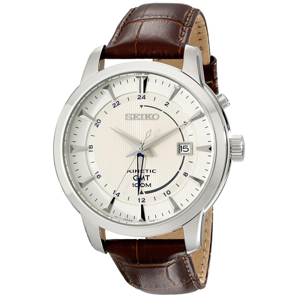 Seiko Men's SUN041 Core White Dial Brown Leather Strap GMT Kinetic ...