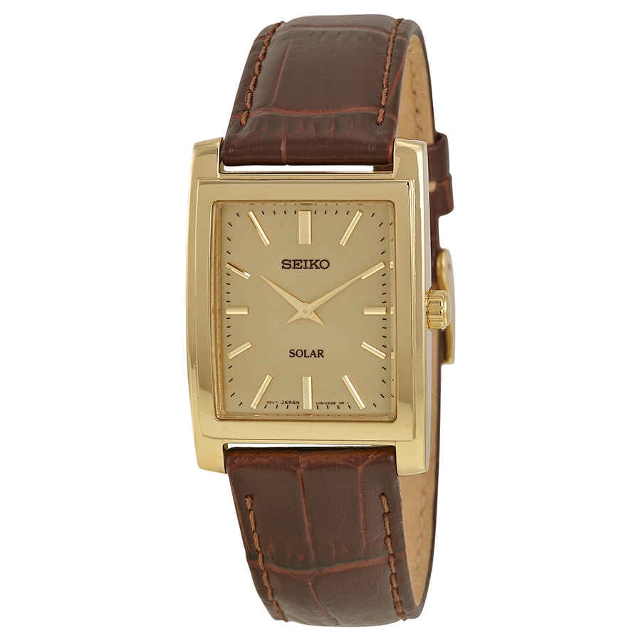 Seiko Men's Solar Quartz Champagne Dial Brown Leather Watch SUP896 ...