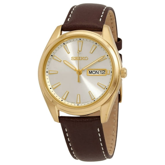 Seiko Essentials Men's Gold Tone Champagne Dial Brown Leather Strap Watch SUR450 - Walmart.com