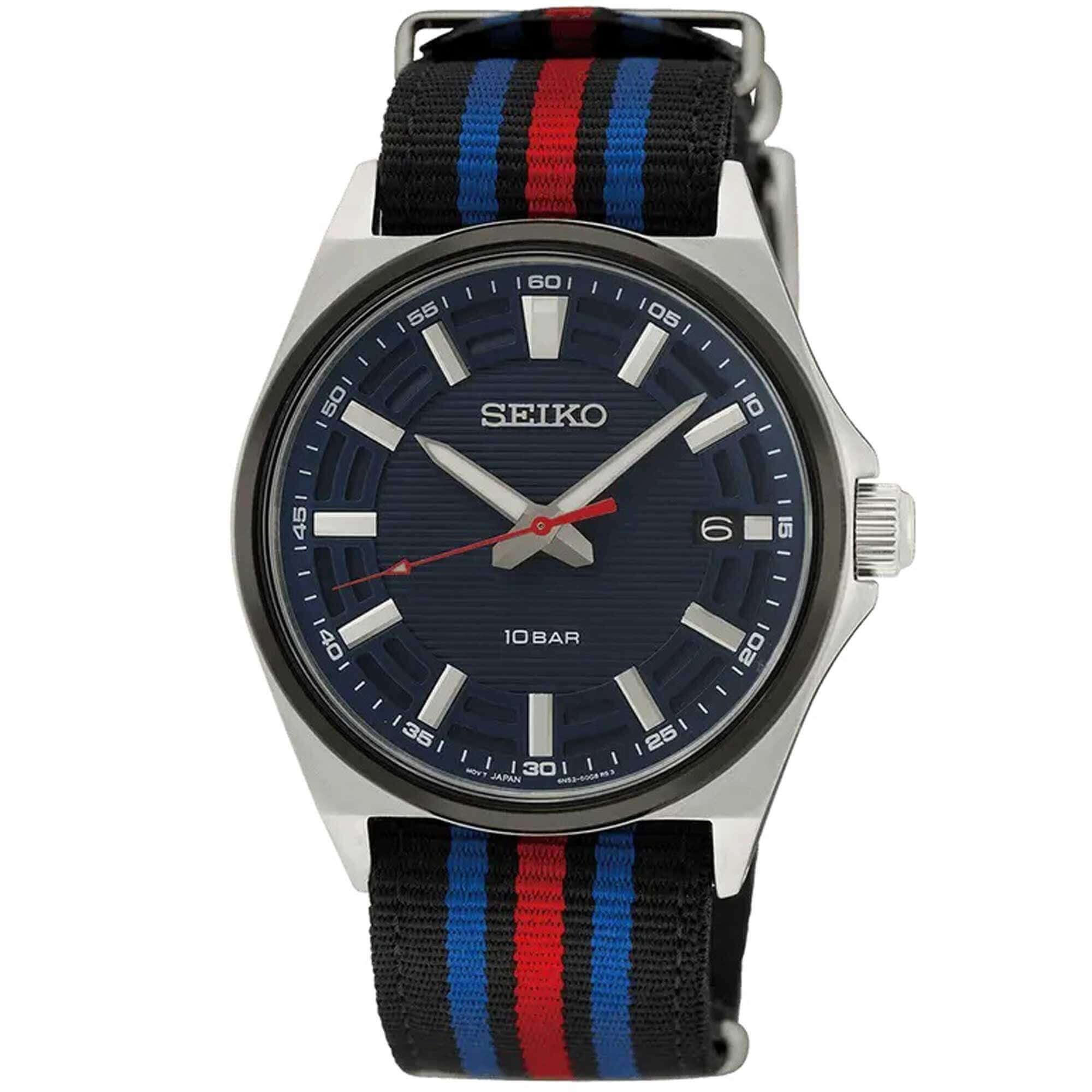 Seiko SUR509P1 Men's Essentials Black, Blue, Red Nylon Strap Watch ...