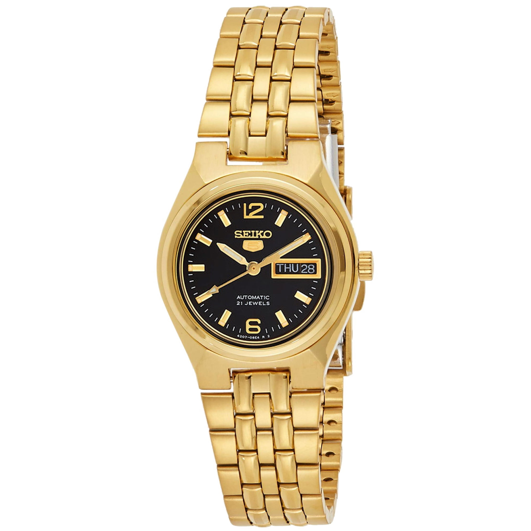 Seiko Women's Watch, Gold Tone Stainless Steel, Black Dial, Automatic ...