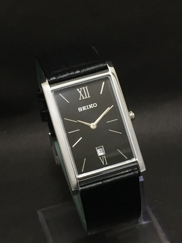 Seiko Slim Tank Roman Number Black Dial With Date Black Strap Quartz ...