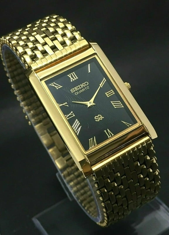 Seiko Slim Tank SQ Quartz Black Dial Rectangular Golden Metal Strap ...