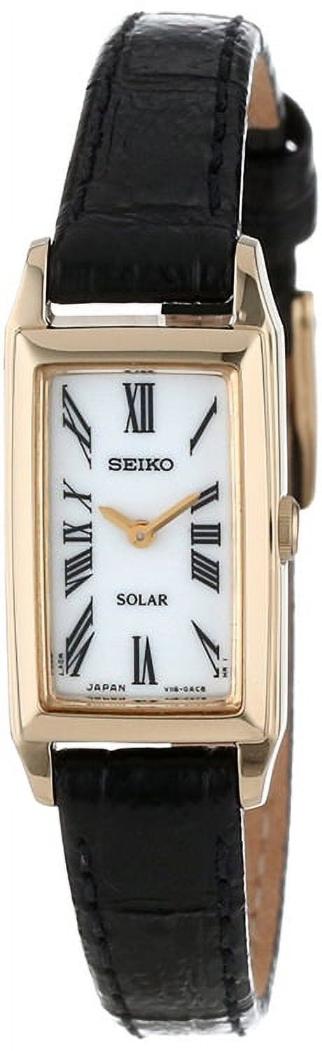 Seiko Women's 30m Gold Tone White Dial Black Leather Strap Watch SUP044 ...