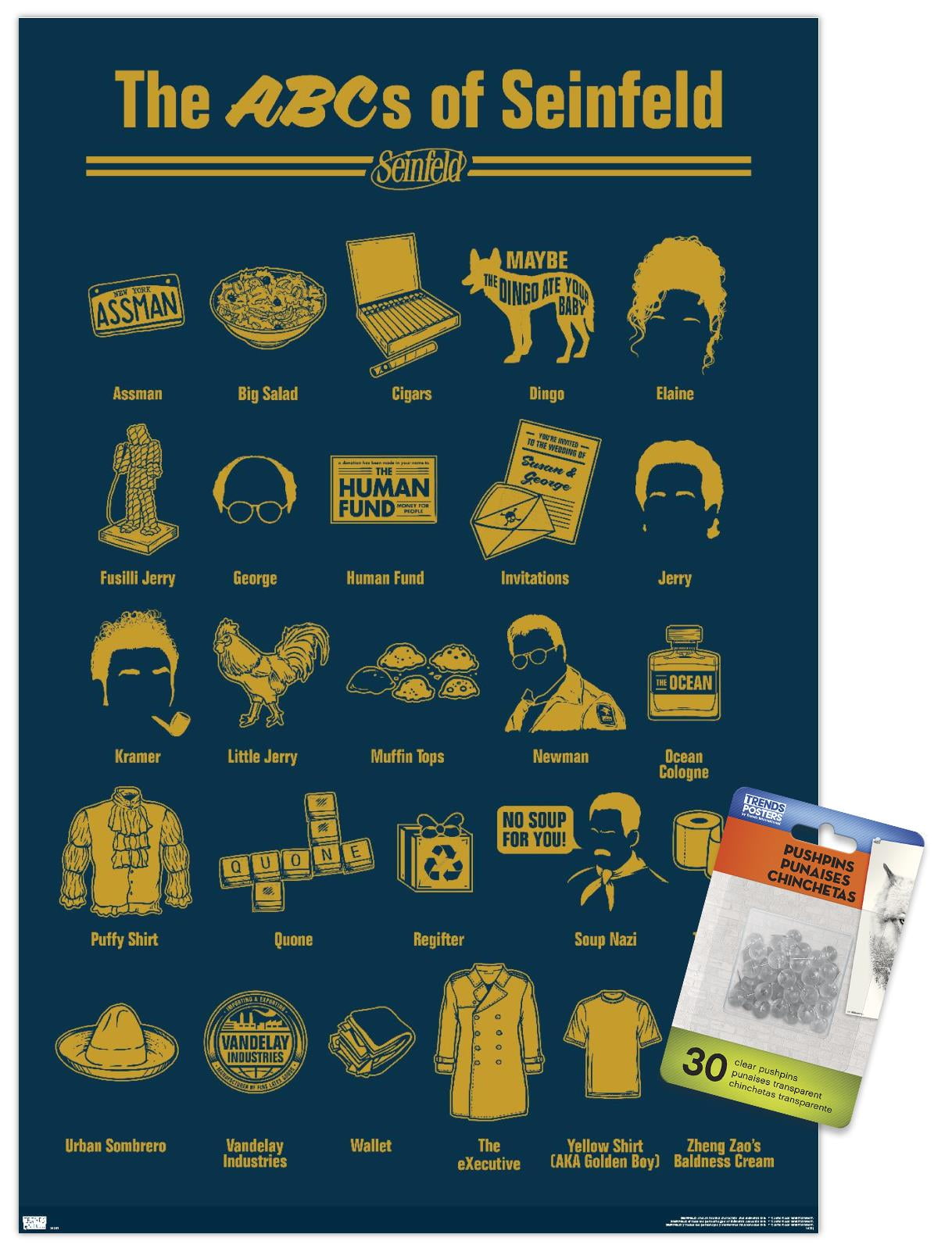 Seinfeld - ABCs of Seinfeld Wall Poster with Push Pins, 14.725" x 22. ...