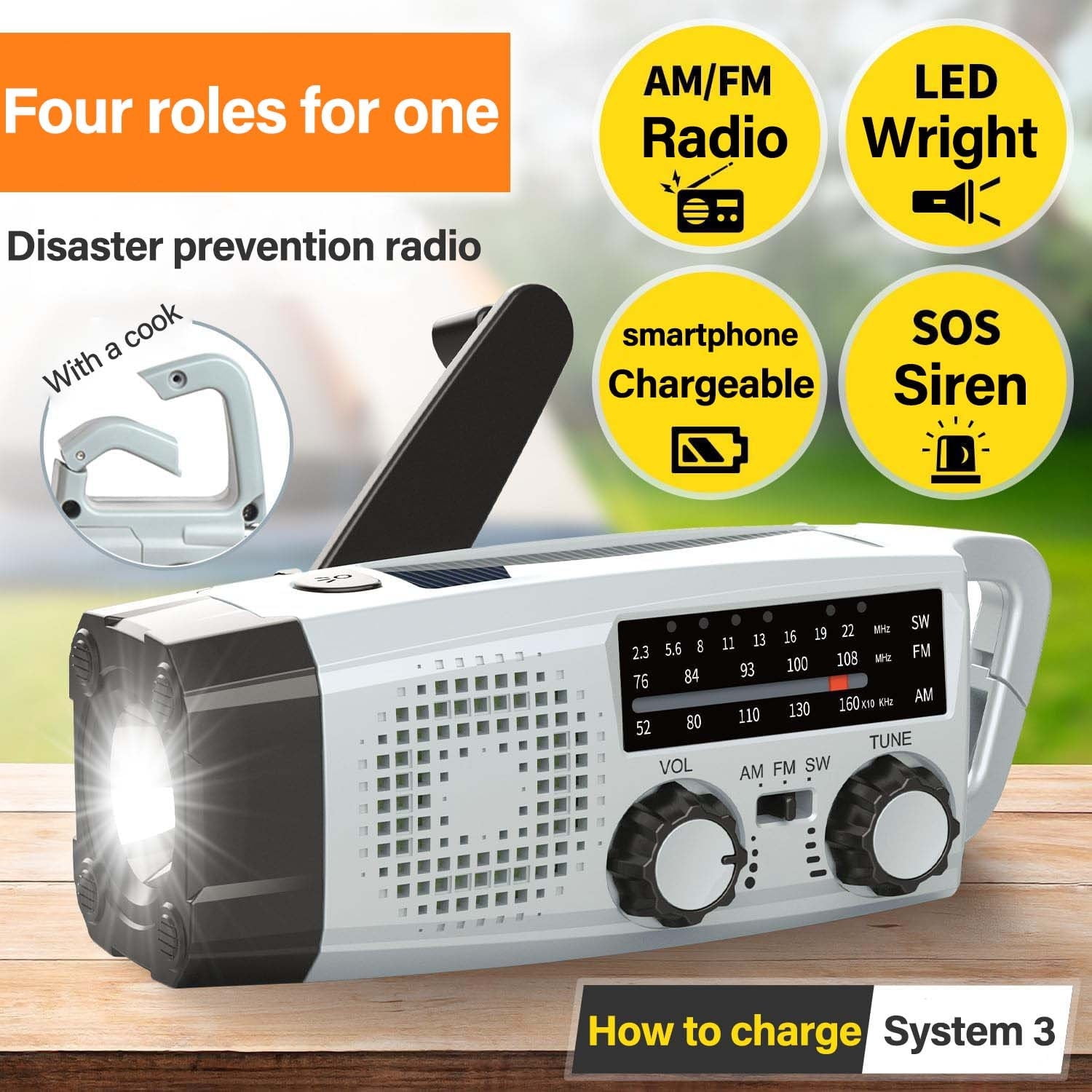 Seiwa Imp332 Emergency Radio, Multi-Functional Fm/Am Radio with Carabiner, Solar Charging, Hand ...