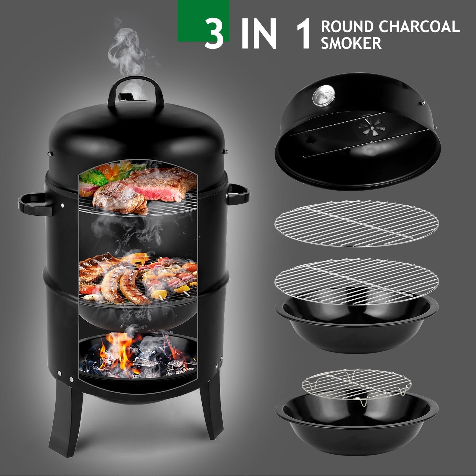 Seizeen Smoker Grill, 3-IN-1 BBQ Grill, Smoker & Fire Pit, Portable ...