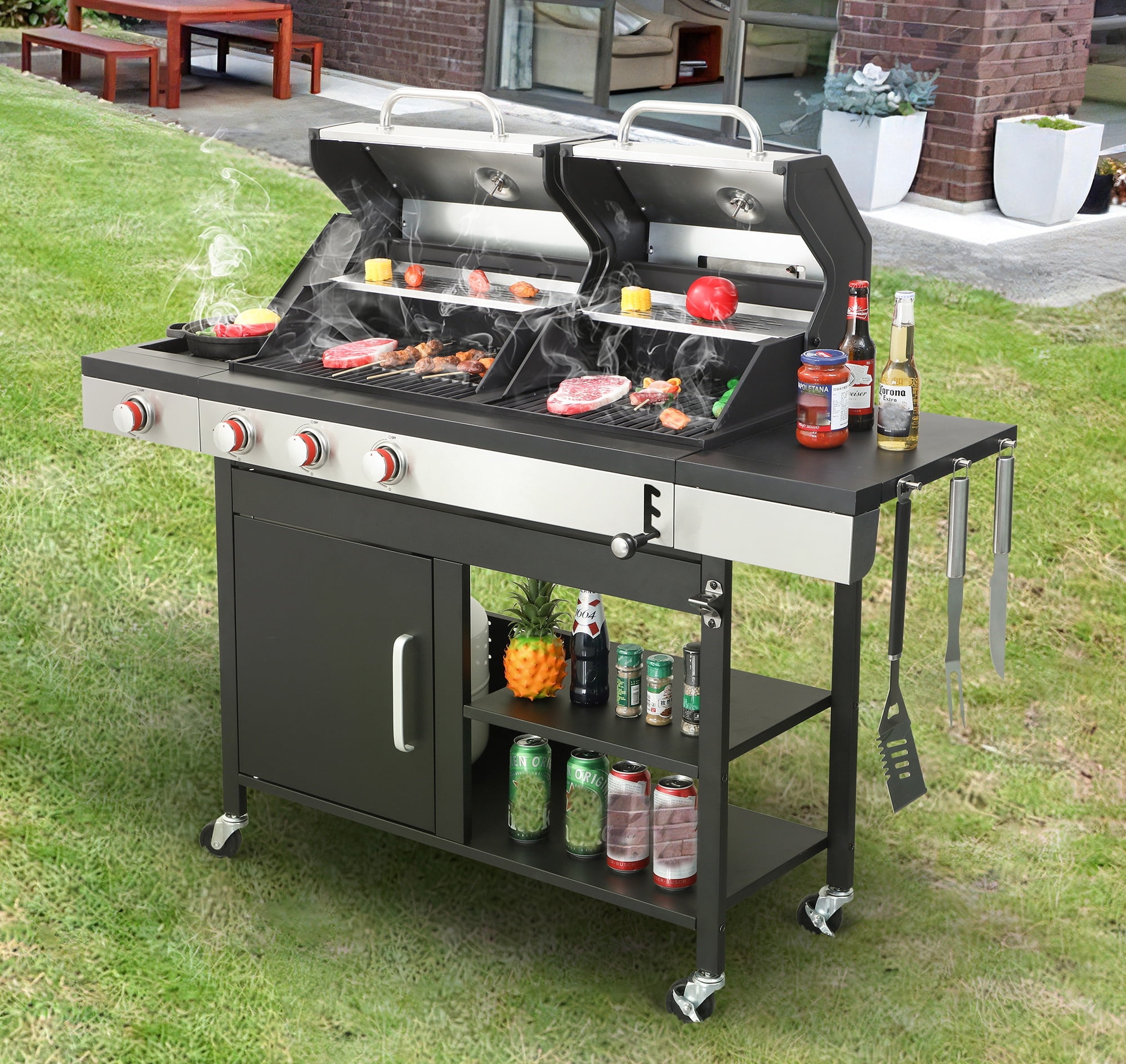 3-IN-1 Gas Grill Combo, Charcoal Grill Smoker Adjustable Height, 3 ...