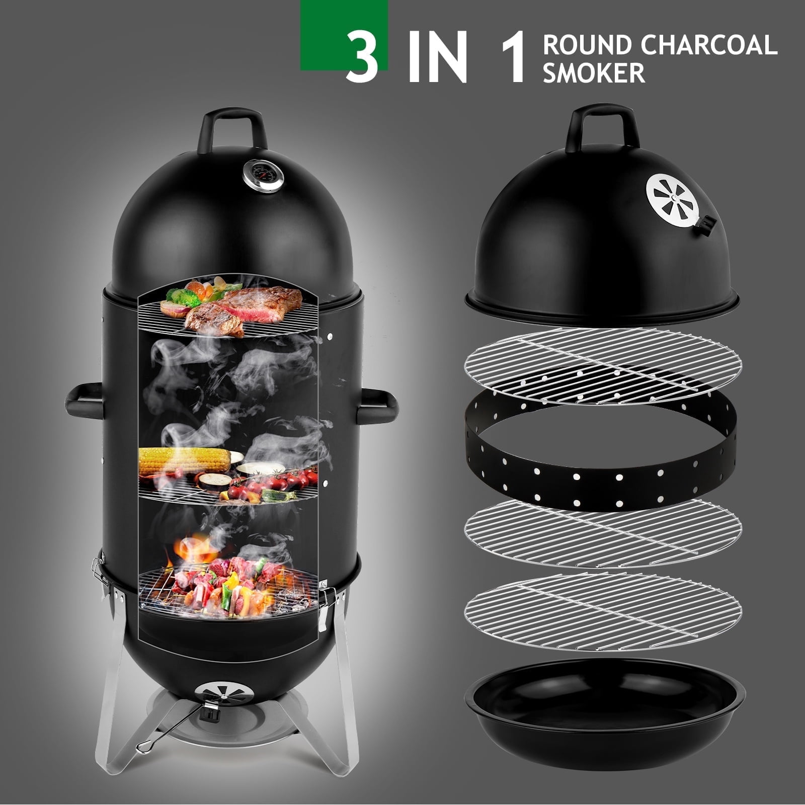 Seizeen 3-IN-1 Smoker, Charcoal Grills Outdoor BBQ W/Two Cooking Spaces ...