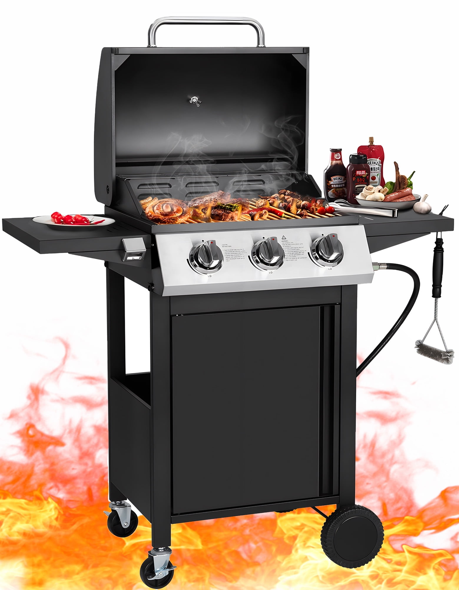 Seizeen 3-Burner Propane Grill w/Brush, 30,000BTU Outdoor Gas Grill w ...
