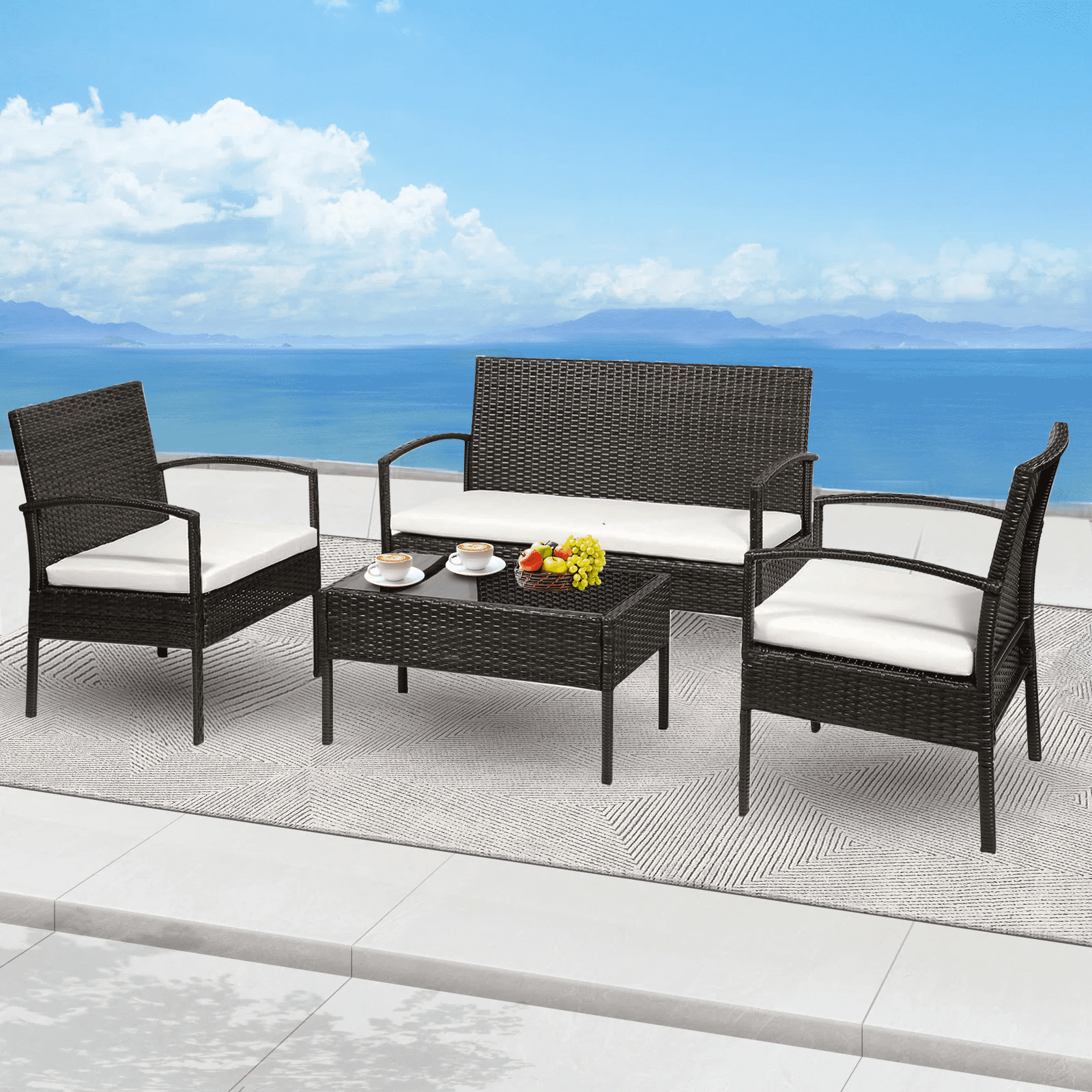 4pcs Patio Furniture Set, Outdoor Rattan Conversation Sofa Set with ...