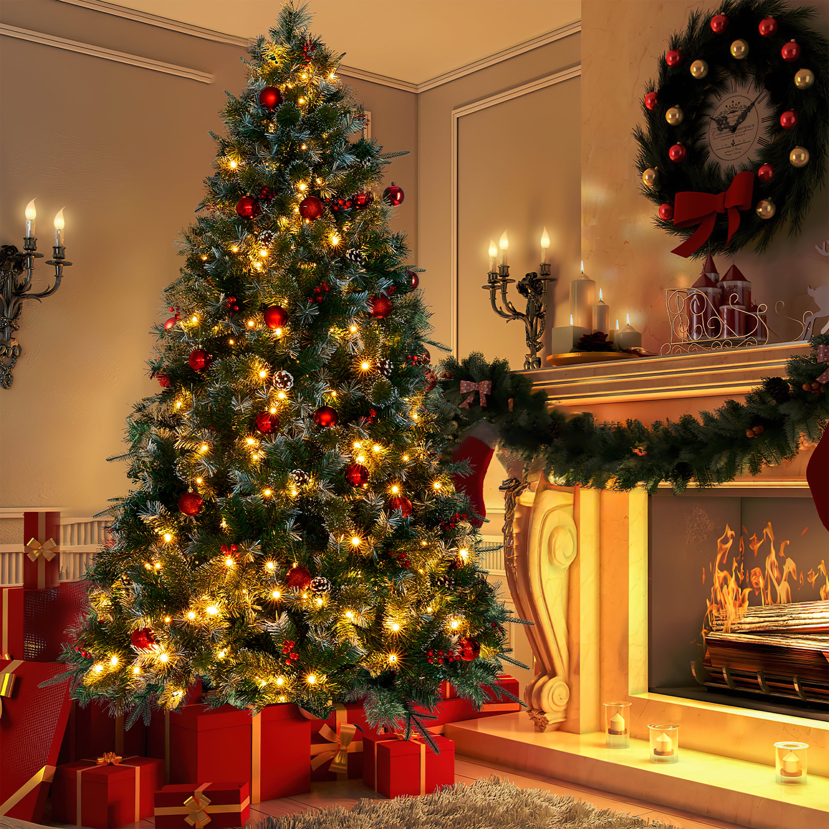 6.5FT Seizeen Pre-lit Artificial Xmas Tree, 350 LED Lights, Pine Cones ...