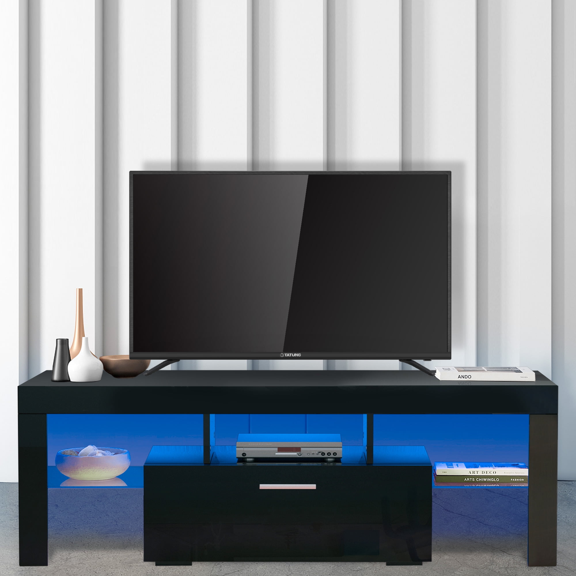 Seizeen Black TV Stand, Modern Led TV Stand Cabinet with 4 Light Modes ...