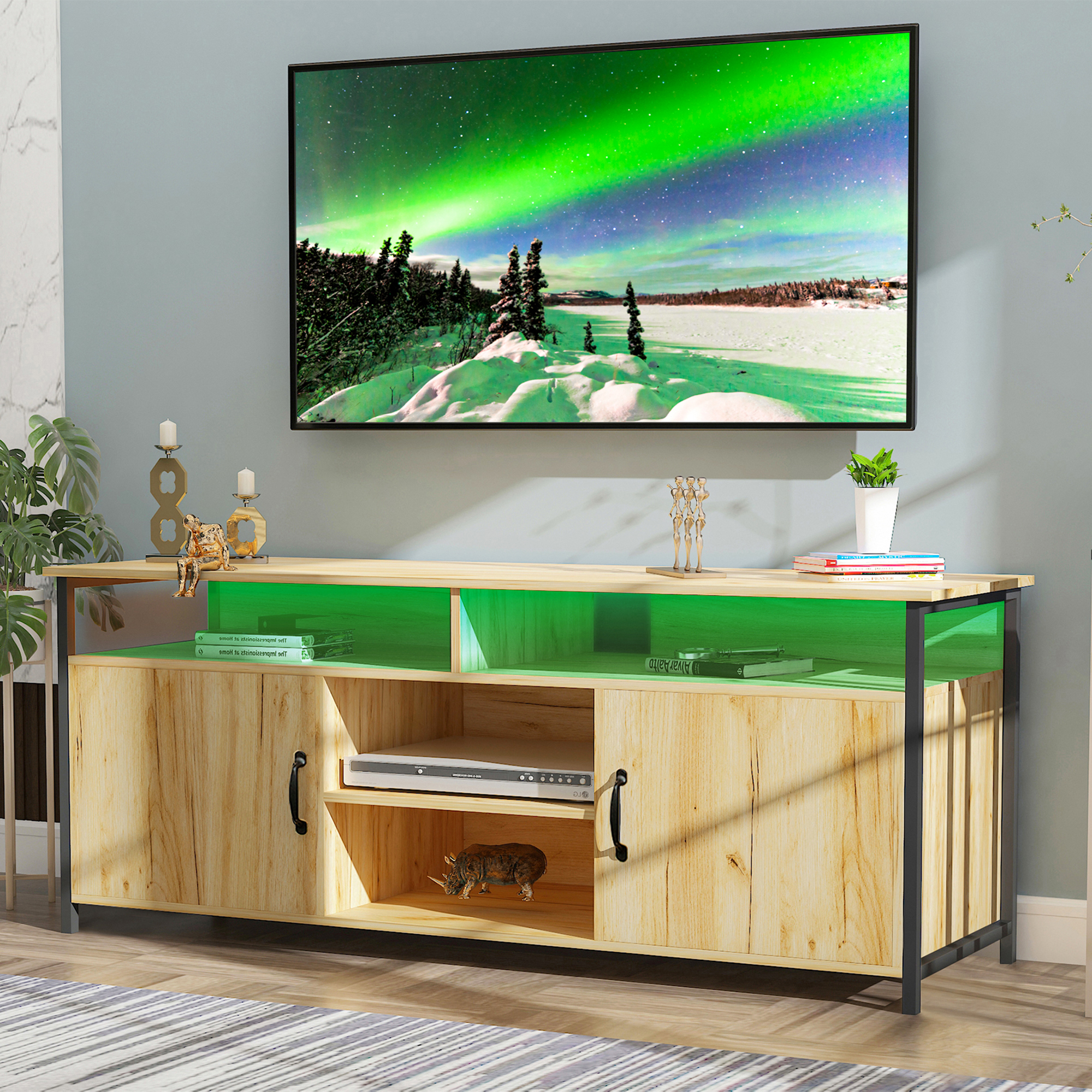 Seizeen Entertainment Center for TV, Oak TV Stand for 65in TV w/ LED ...