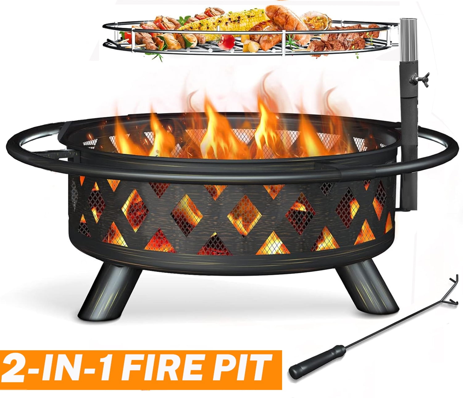 Seizeen Fire Pit with Grill, Metal Fire Pit for Outside Hollow-out ...