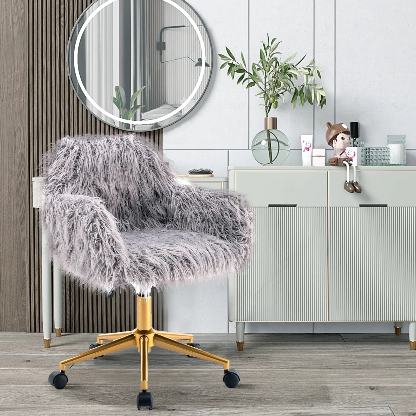 Seizeen Gray Faux Fur Chair, Cute Fluffy Upholstered Vanity Chair ...