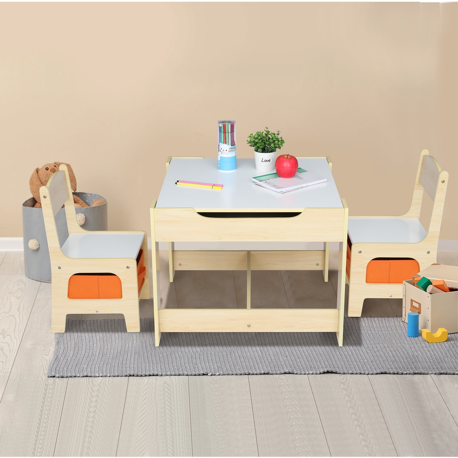Seizeen Kids Table and Chair Set, 3-in-1 Wooden Activity Table with Storage, Detachable Double ...