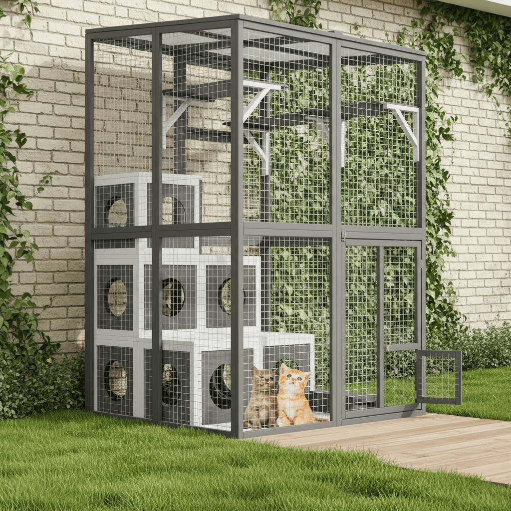 Seizeen Wooden Outdoor Kitten Home, 70''H Large Cat Enclosure with ...