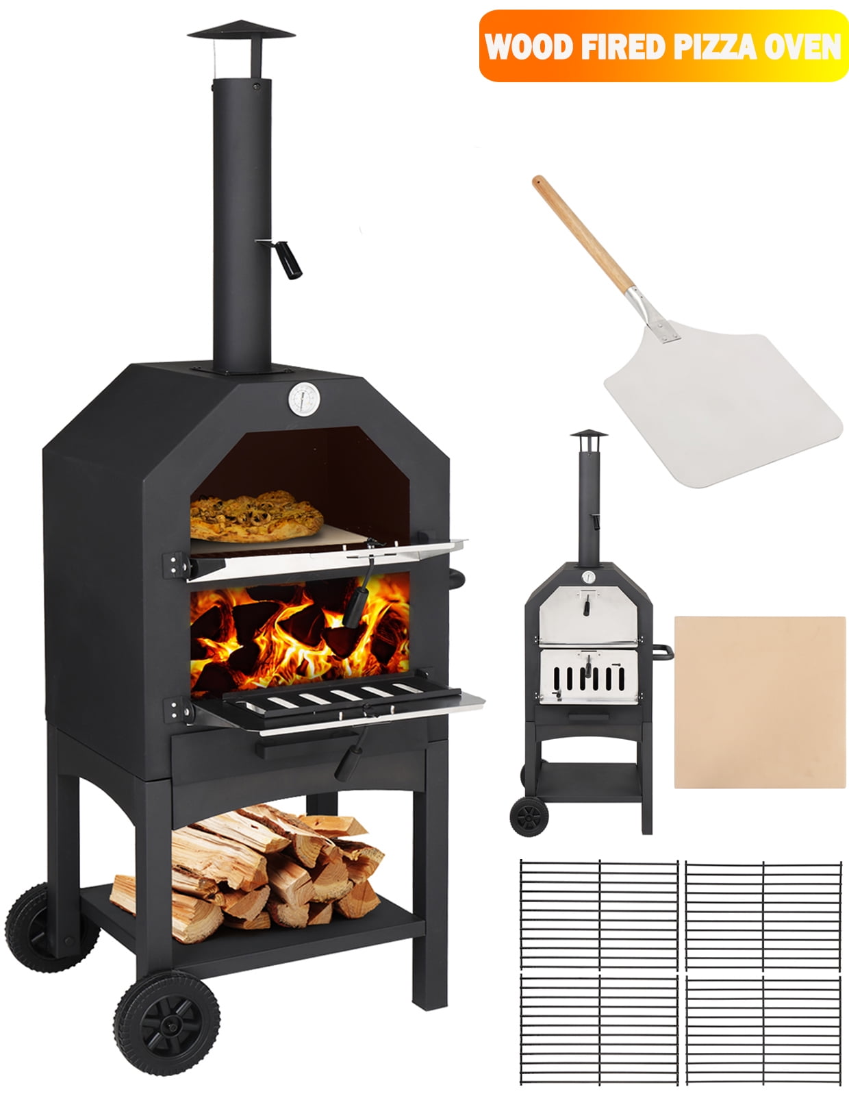 Seizeen Outdoor Pizza Oven, Portable Pizza Oven on Wheels, Wood Burning ...