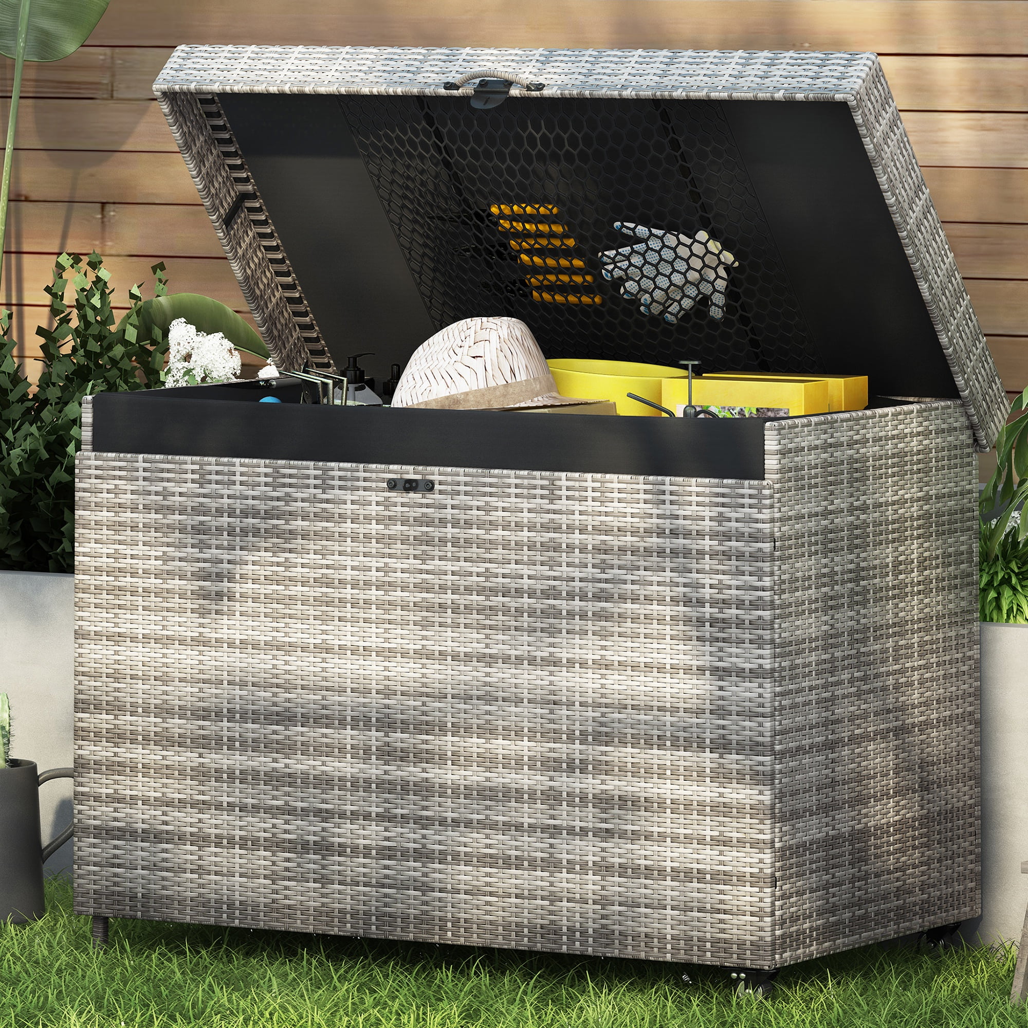 Seizeen Outdoor Storage Box, Gray Waterproof Rattan Deck Box with Liner ...
