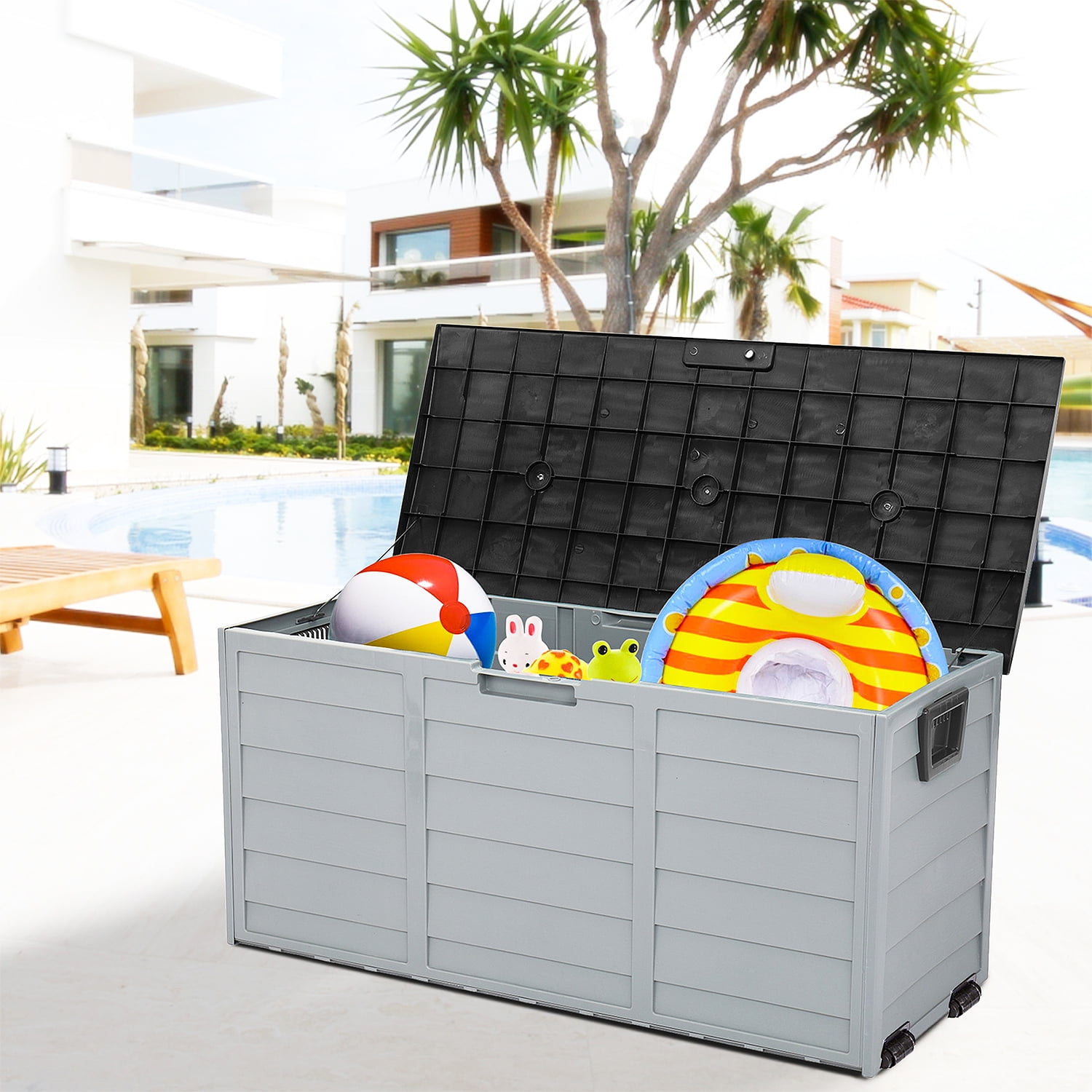 Seizeen Patio Deck Box, Large Outdoor Storage Box with Wheels for Pool ...