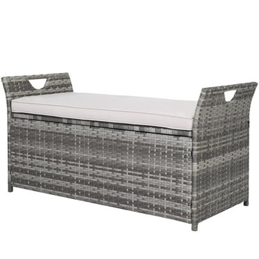 KFFKFF Outdoor Storage Bench, 2-Person PE Rattan Deck Box with Cushion ...