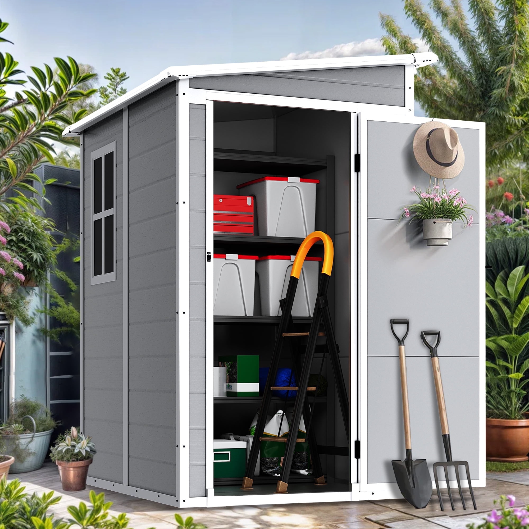 Seizeen 5x4FT DIY Backyard Plastic Shed with Floor, Quick Assembly, All ...