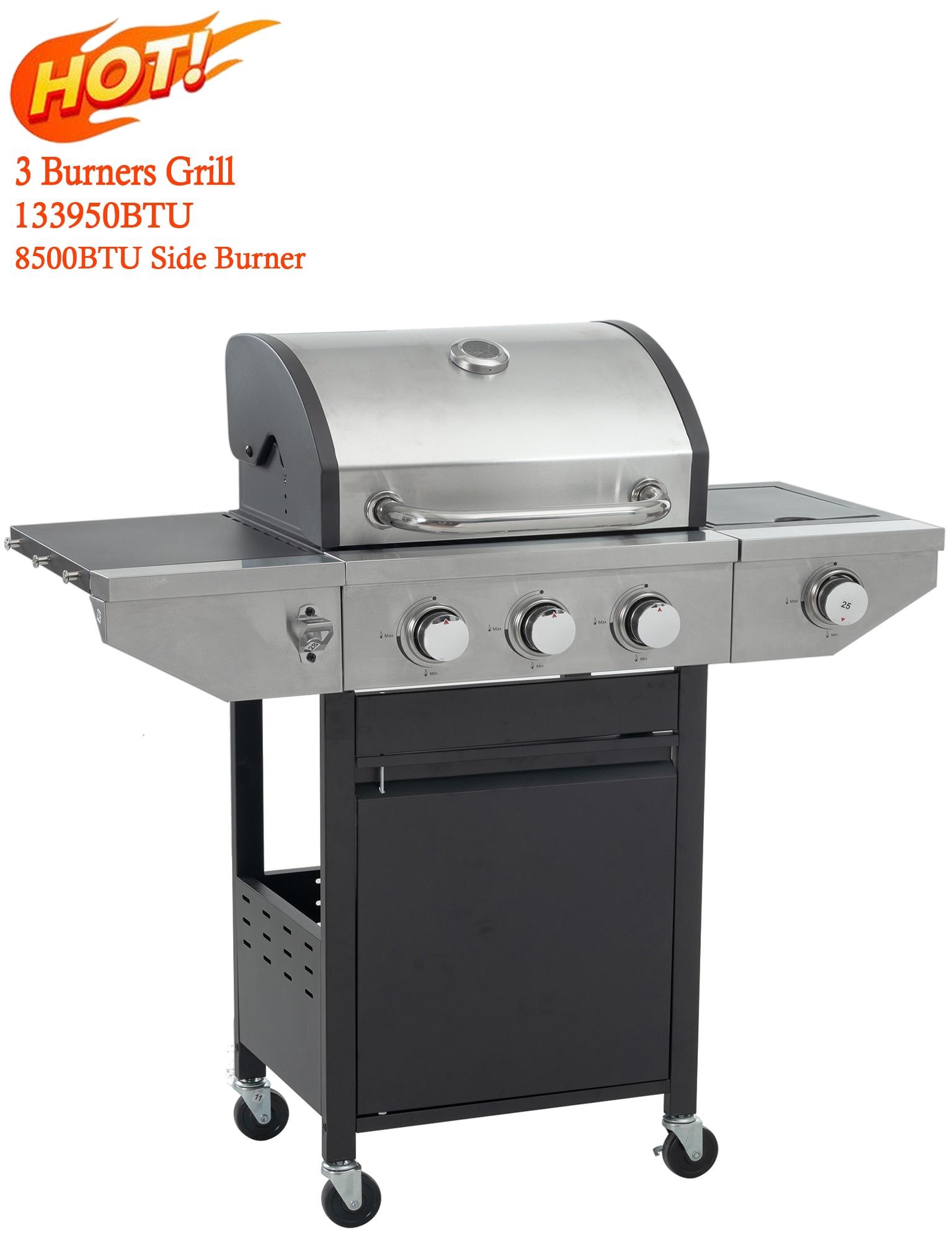 Seizeen Propane Gas Grill w/Side Burner, 3-Burner Stainless Steel Grill ...