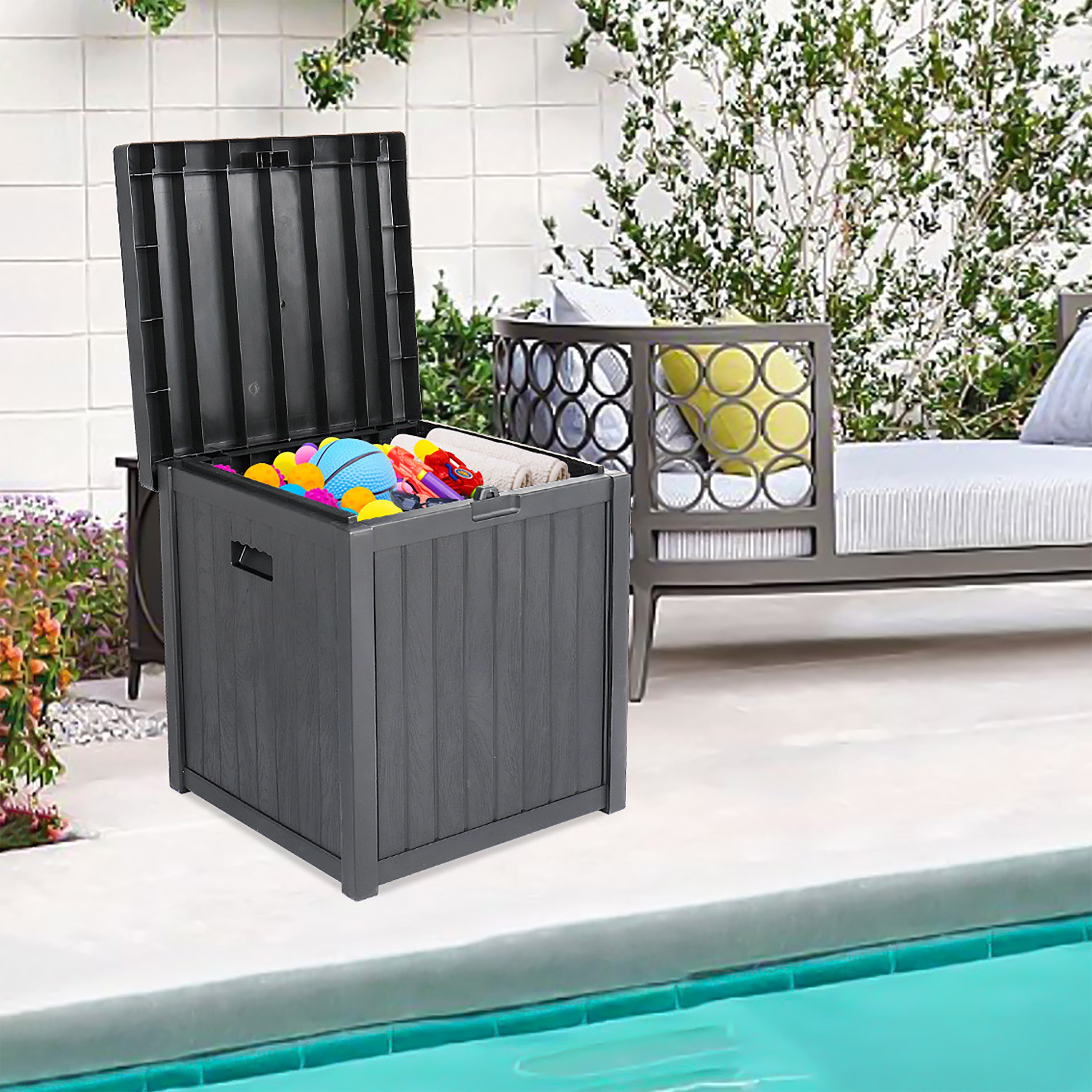 Seizeen 51 Gallon Plastic Poolside Deck Box, Outdoor Backyard Storage ...