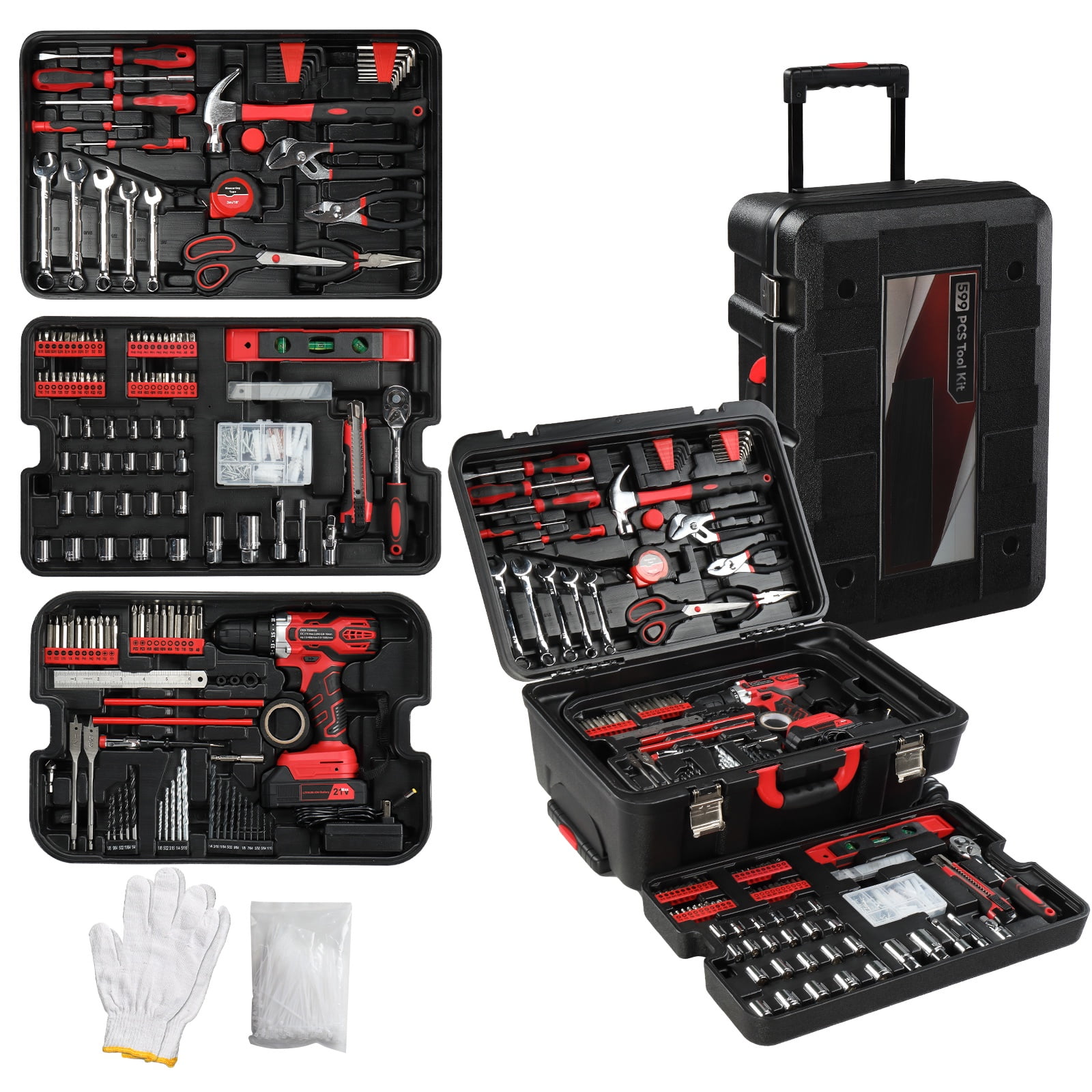 599pcs Cordless Drill Set, Seizeen Rolling Tool Box with 21V Power ...