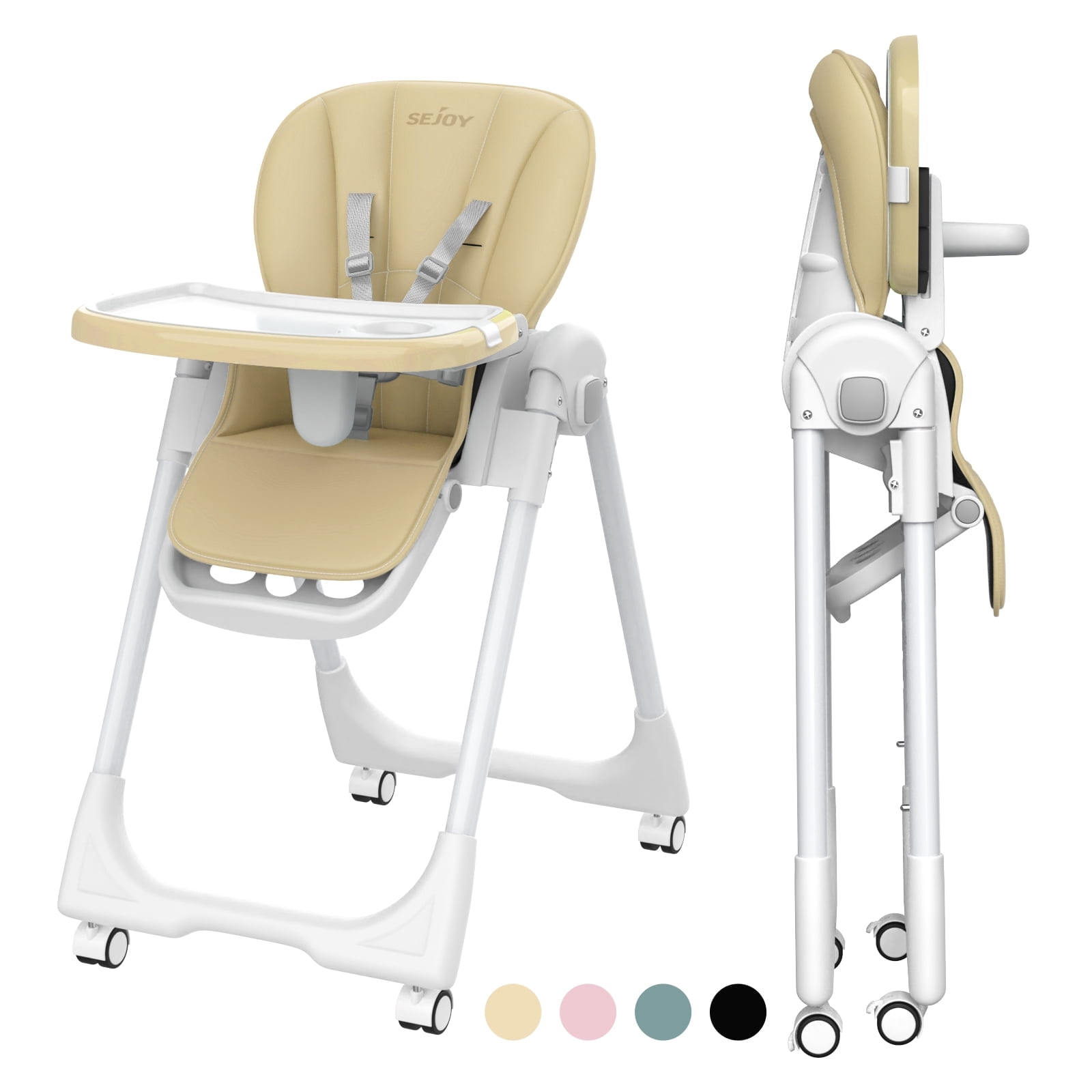 Sejoy Easy Clean High Chair, 4 Wheels, Adjustable Seat Height, Foldable ...